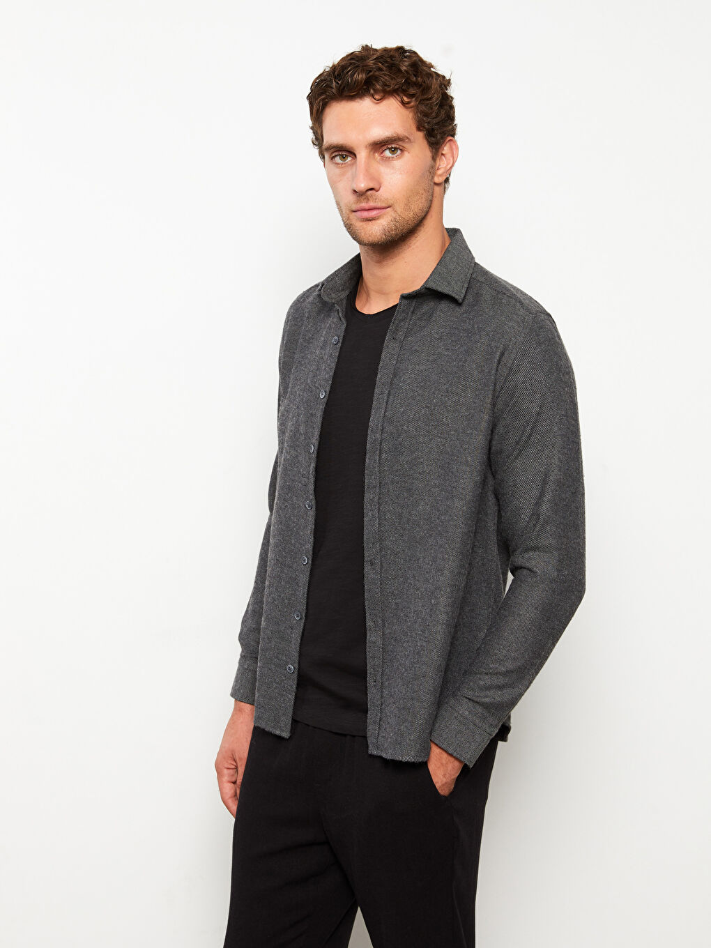 SİYAH Slim Fit Uzun Kollu Gabardin Erkek Gömlek - W28374Z8-RQL | LCW