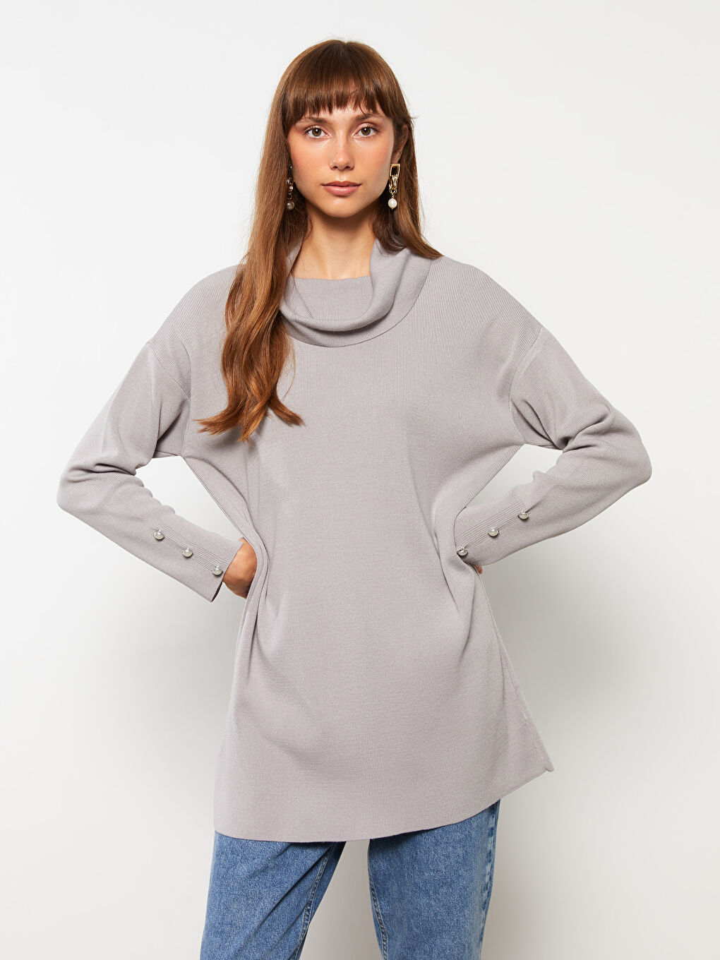 GRİ Dökümlü Yaka Düz Uzun Kollu Triko Kadın Tunik - W2BO73Z8-SMY | LCW