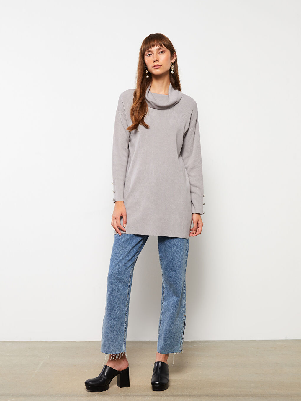 GRİ Dökümlü Yaka Düz Uzun Kollu Triko Kadın Tunik - W2BO73Z8-SMY | LCW