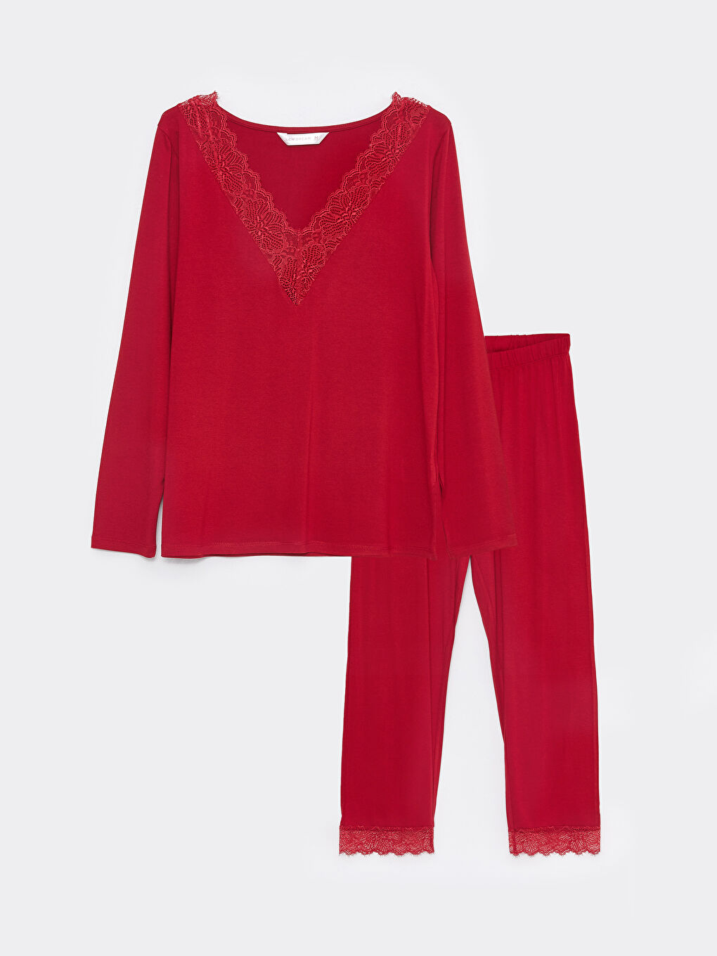 KIRMIZI V Yaka Dantelli Uzun Kollu Kadın Pijama Takımı - W2DL76Z8-HJR | LCW