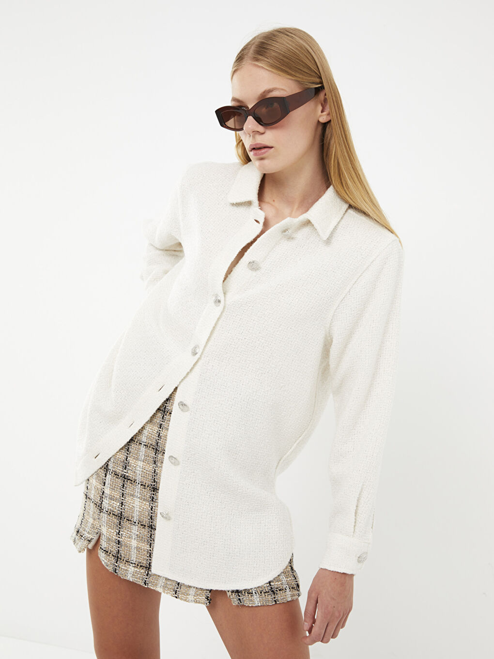 Buttoned Regular Long Sleeve Women's Tweed Shirt Jacket -W2FP86Z8-SAT ...