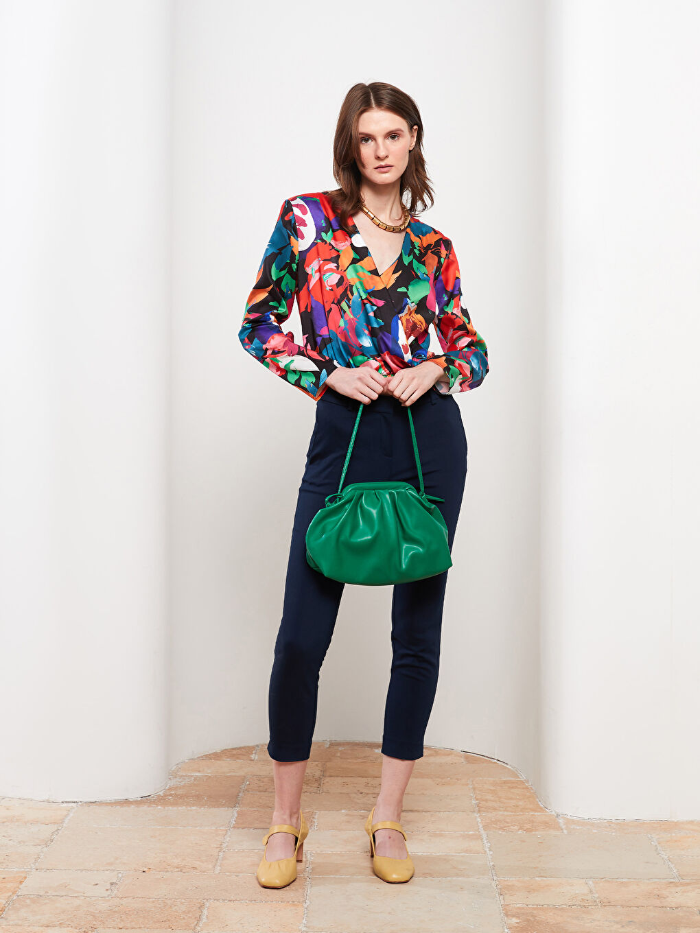 Double Breasted Collar Patterned Long Sleeve Satin Women's Blouse ...