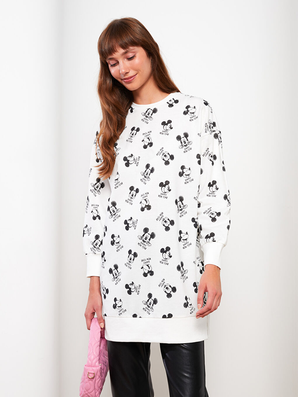 Crew Neck Mickey Mouse Printed Long Sleeve Oversize Women's Sweatshirt ...