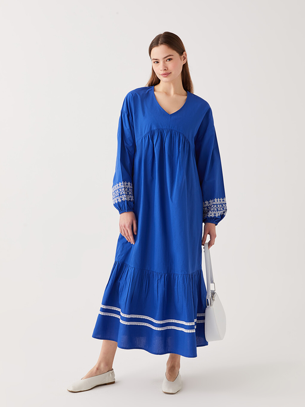 V-Neck Patterned Long Sleeve Women's Dress -S31657Z8-SNM - S31657Z8-SNM ...