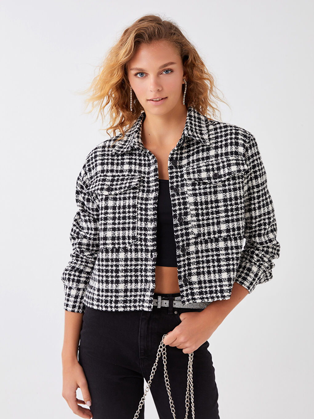 SİYAH Gömlek Yaka Ekose Uzun Kollu Crop Kadın Tüvit Ceket - S3CD02Z8-CVL | LCW
