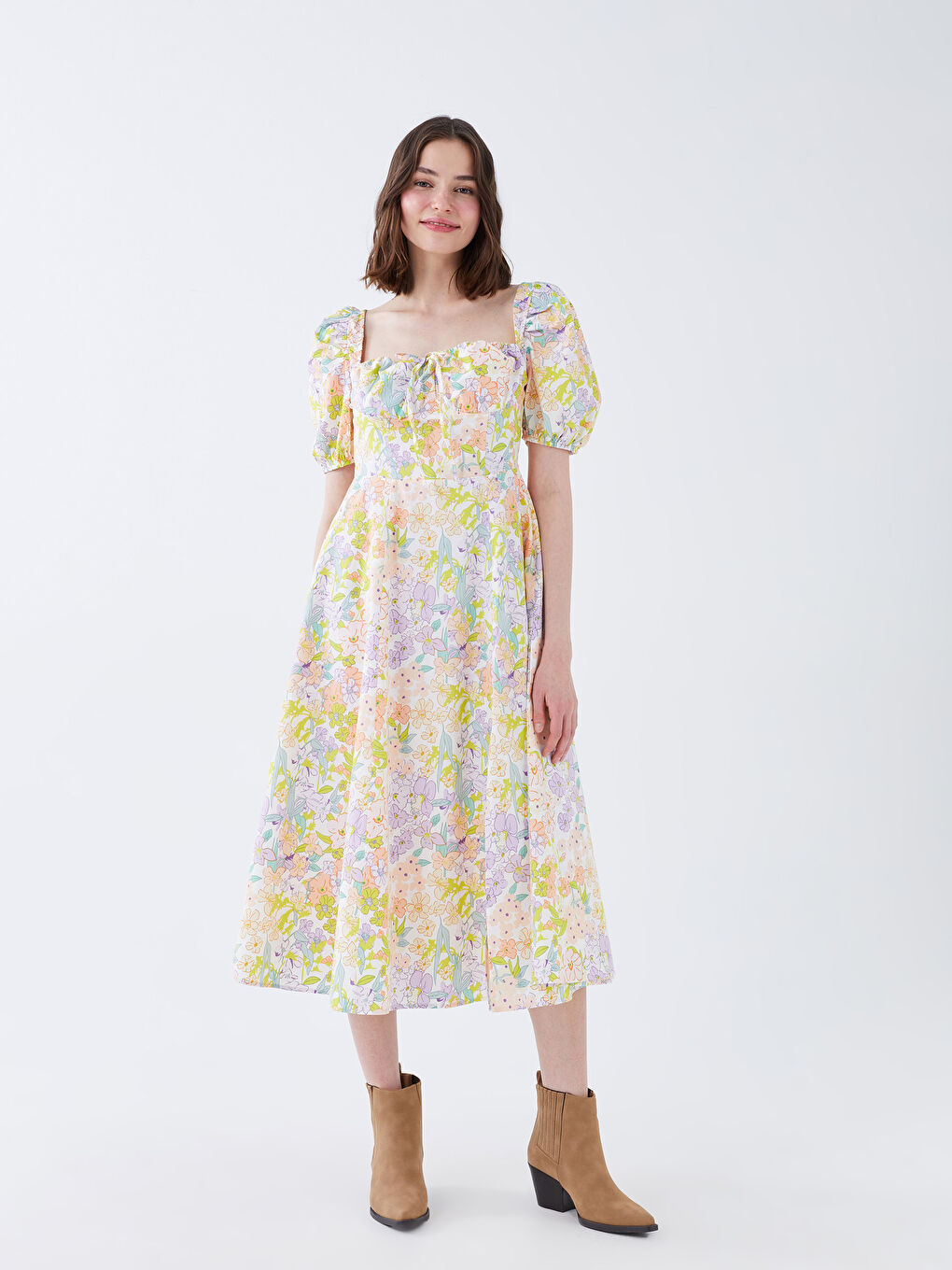 YEŞİL Kalp Yaka Çiçekli Balon Kollu Kadın Elbise - S3HN22Z8-V3A | LCW