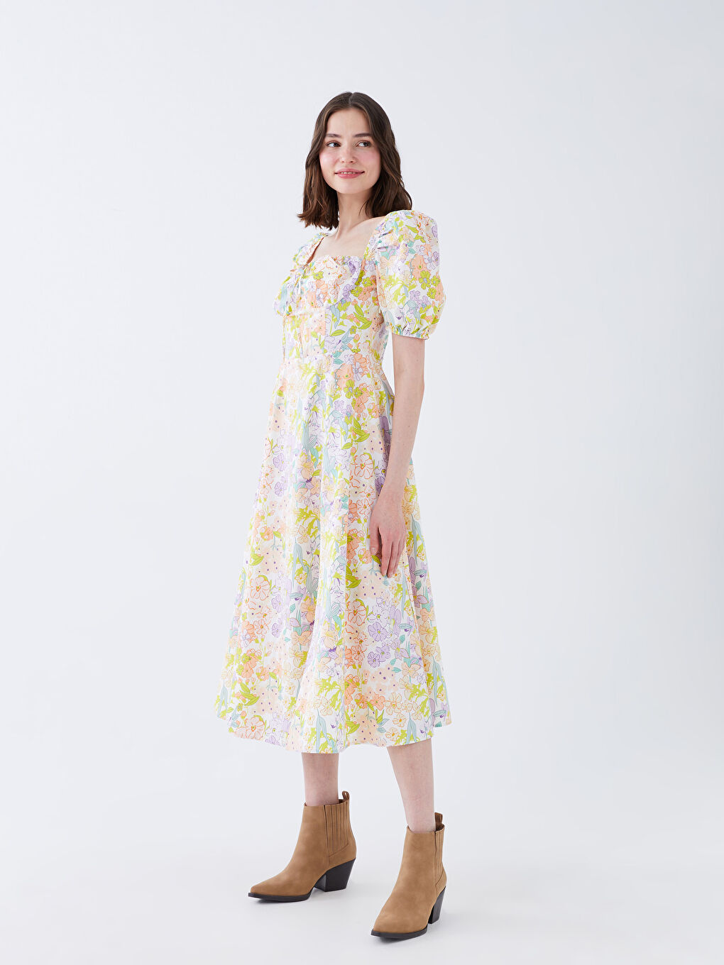 YEŞİL Kalp Yaka Çiçekli Balon Kollu Kadın Elbise - S3HN22Z8-V3A | LCW