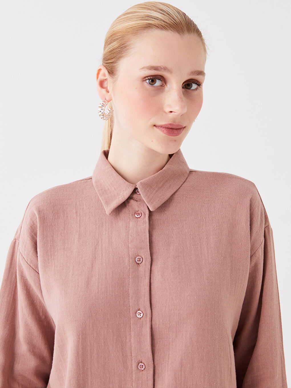 PEMBE Düz Uzun Kollu Oversize Kadın Gömlek Tunik - S3L485Z8-VKU | LCW