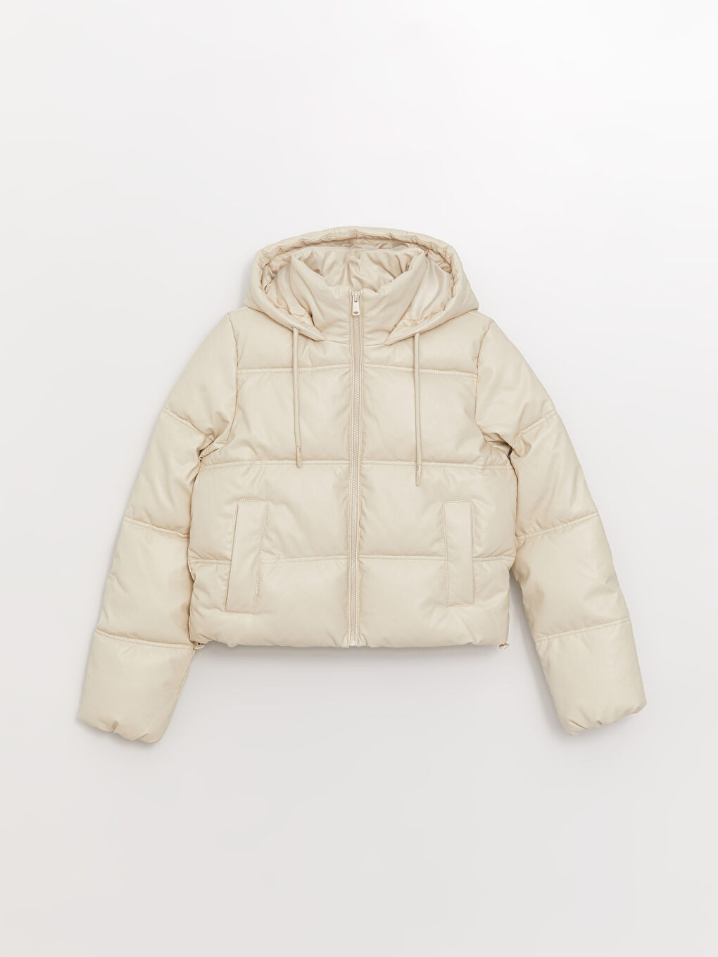 Women's Leather Look Down Jacket With Hooded Straight Long Sleeve ...