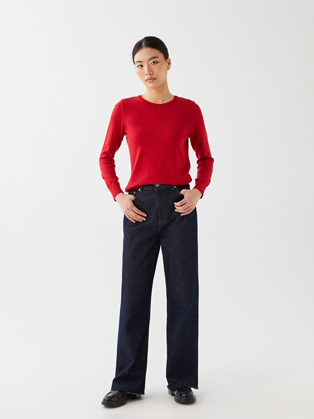 Crew Neck Self Patterned Long Sleeve Women's Tricot Sweater -W33286Z8 ...