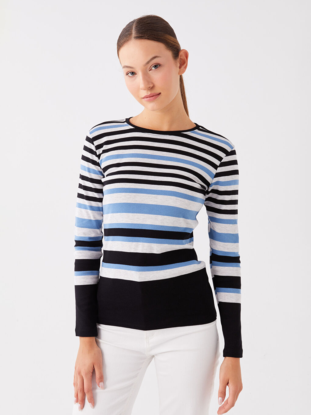 Crew Neck Striped Long Sleeve Women's T-shirt -W34958Z8-LEN - W34958Z8 ...