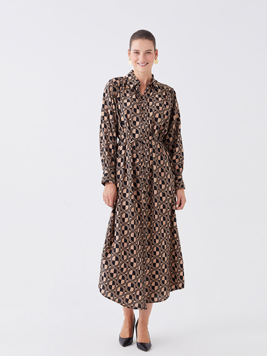 KAHVERENGİ Desenli Uzun Kollu Kadın Gömlek Elbise - W37486Z8-LQY | LCW