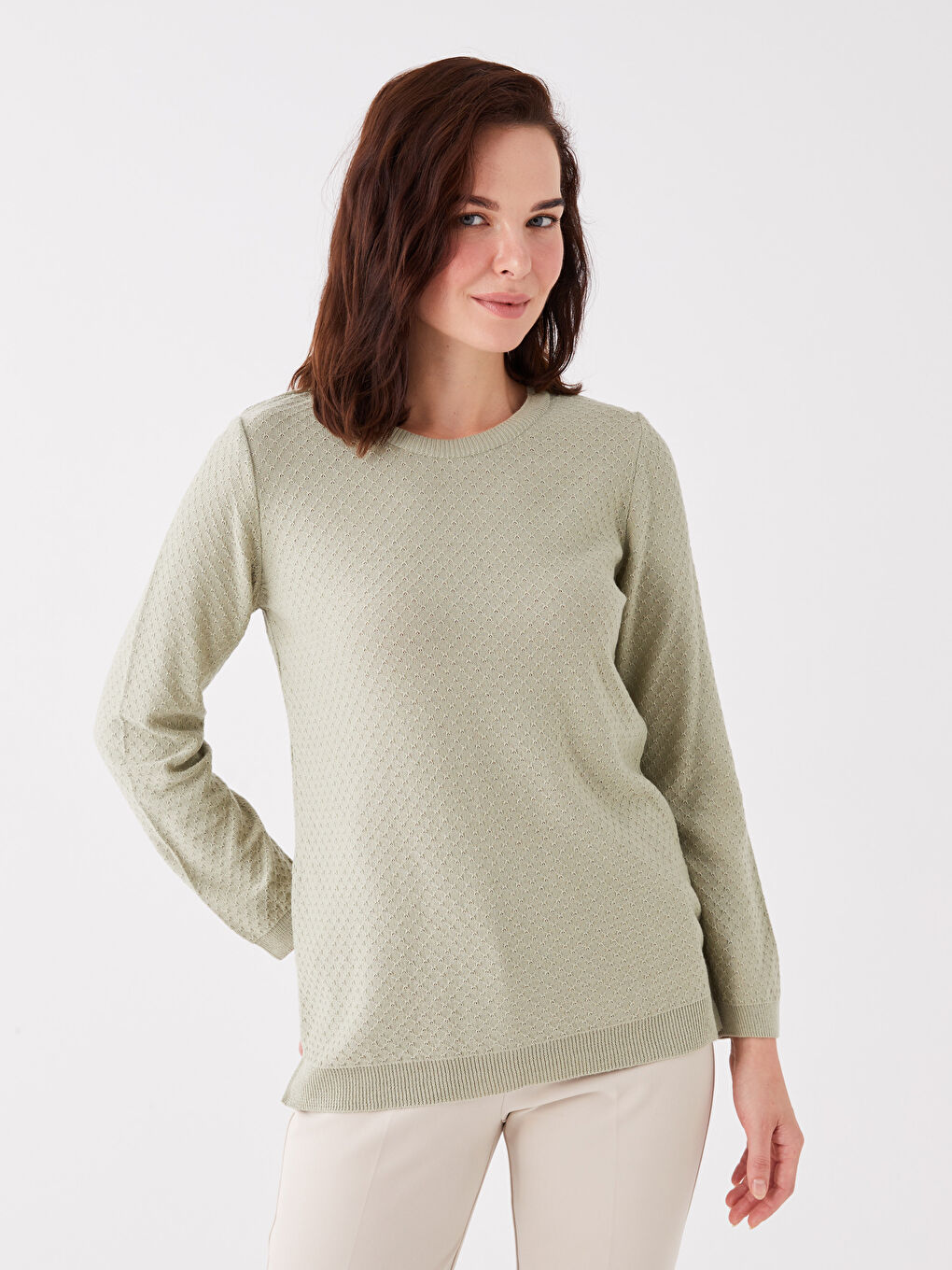 YEŞİL Bisiklet Yaka Kendinden Desenli Uzun Kollu Kadın Triko Kazak - W3BH47Z8-GMG | LCW