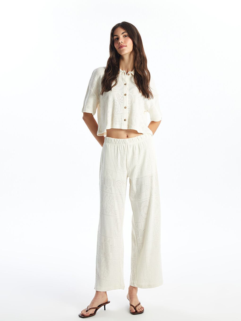Openwork Wide Leg Women's Trousers with Elastic Waist Openwork Wide Leg Women's Trousers with Elastic Waist