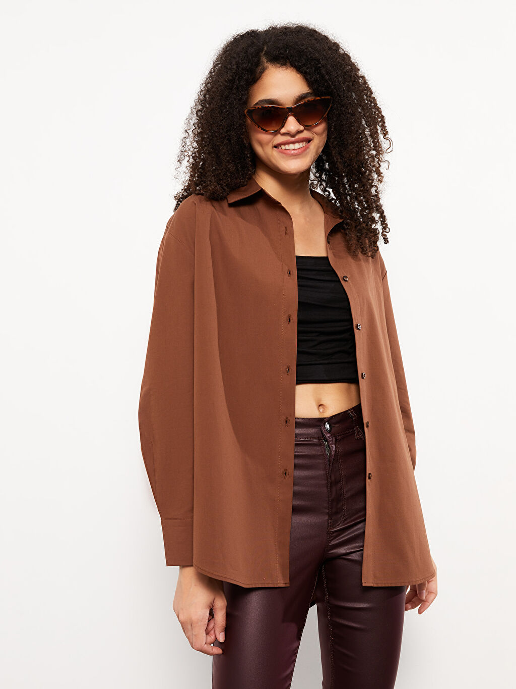 Front Button Closure Plain Long Sleeve Poplin Women's Shirt -W23127Z8 ...