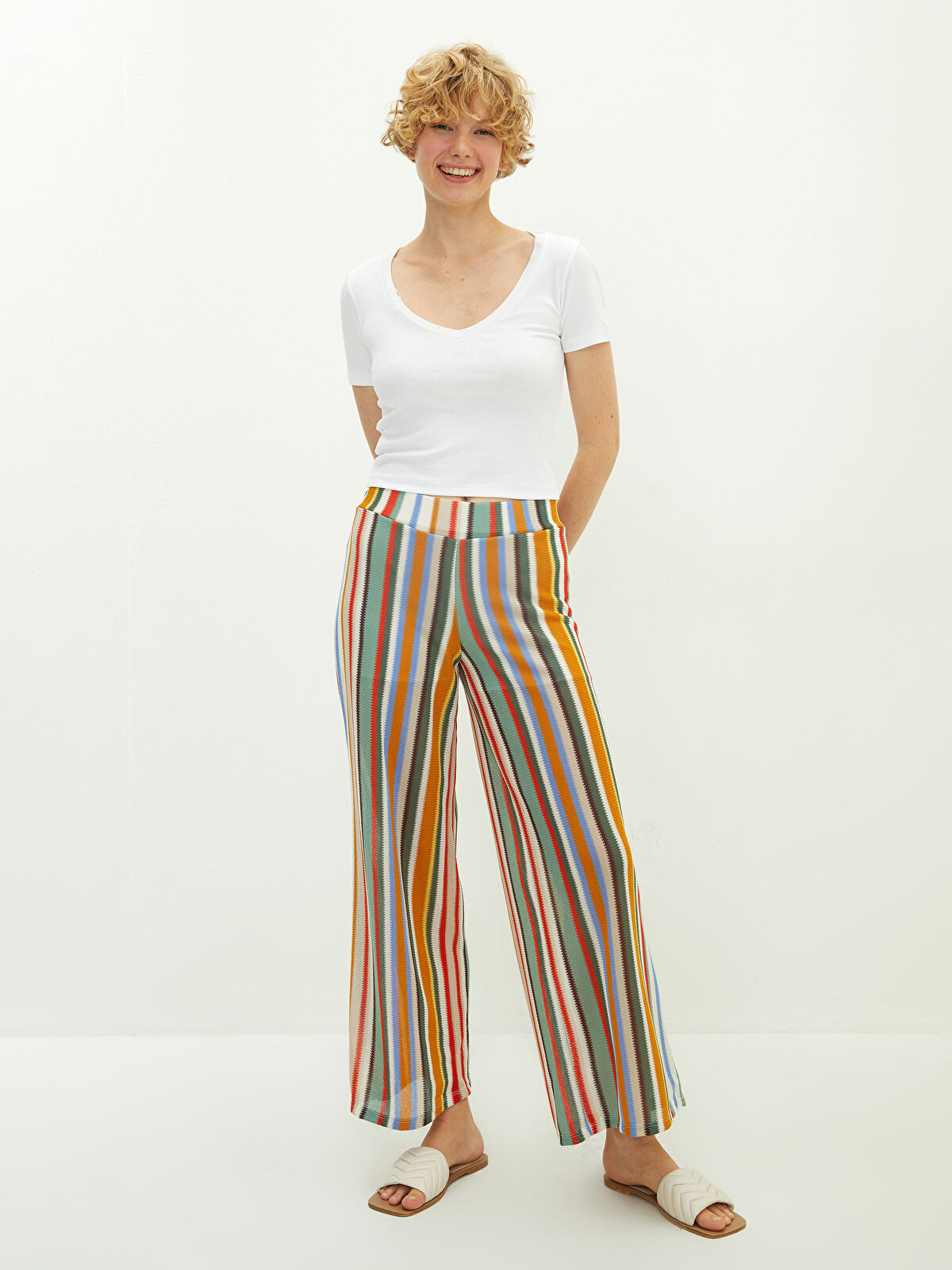 LCW CASUAL Yüksek Bel Rahat Kalıp Çizgili Kadın Pantolon