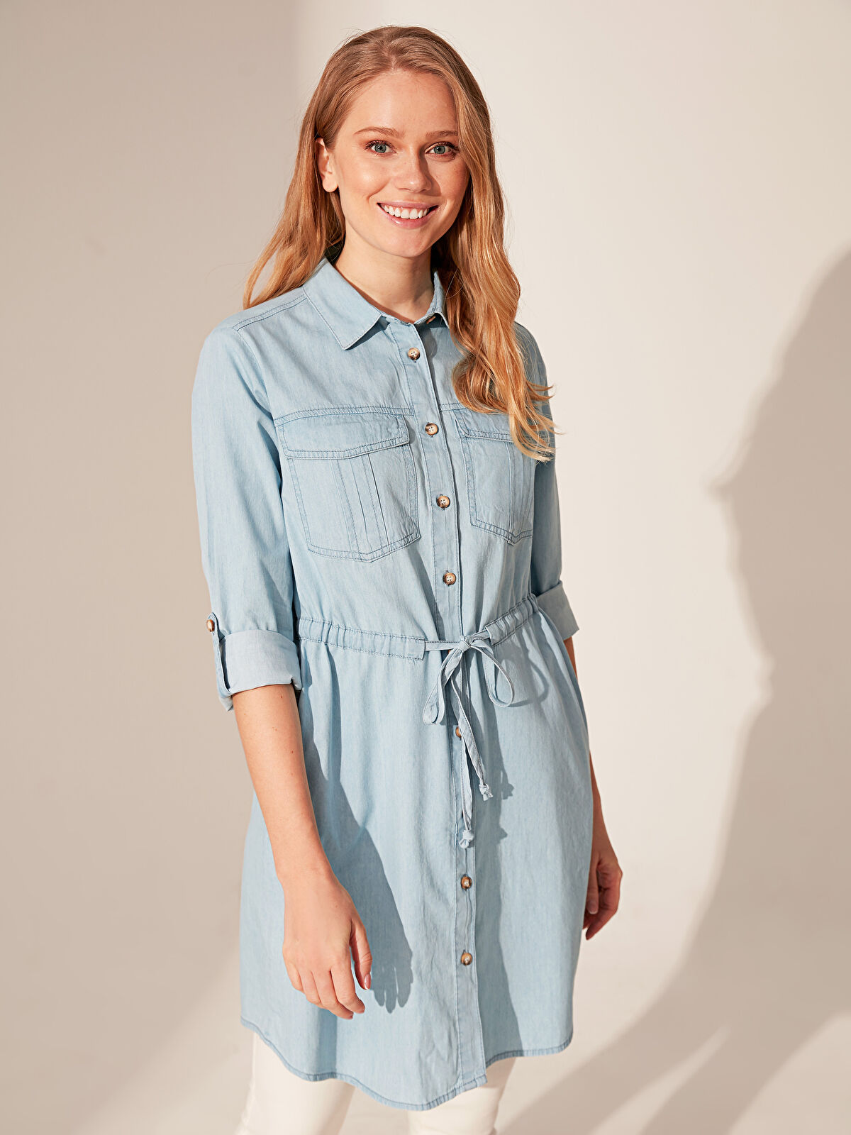 Düğme Detaylı Uzun Kollu Kadın Jean Tunik