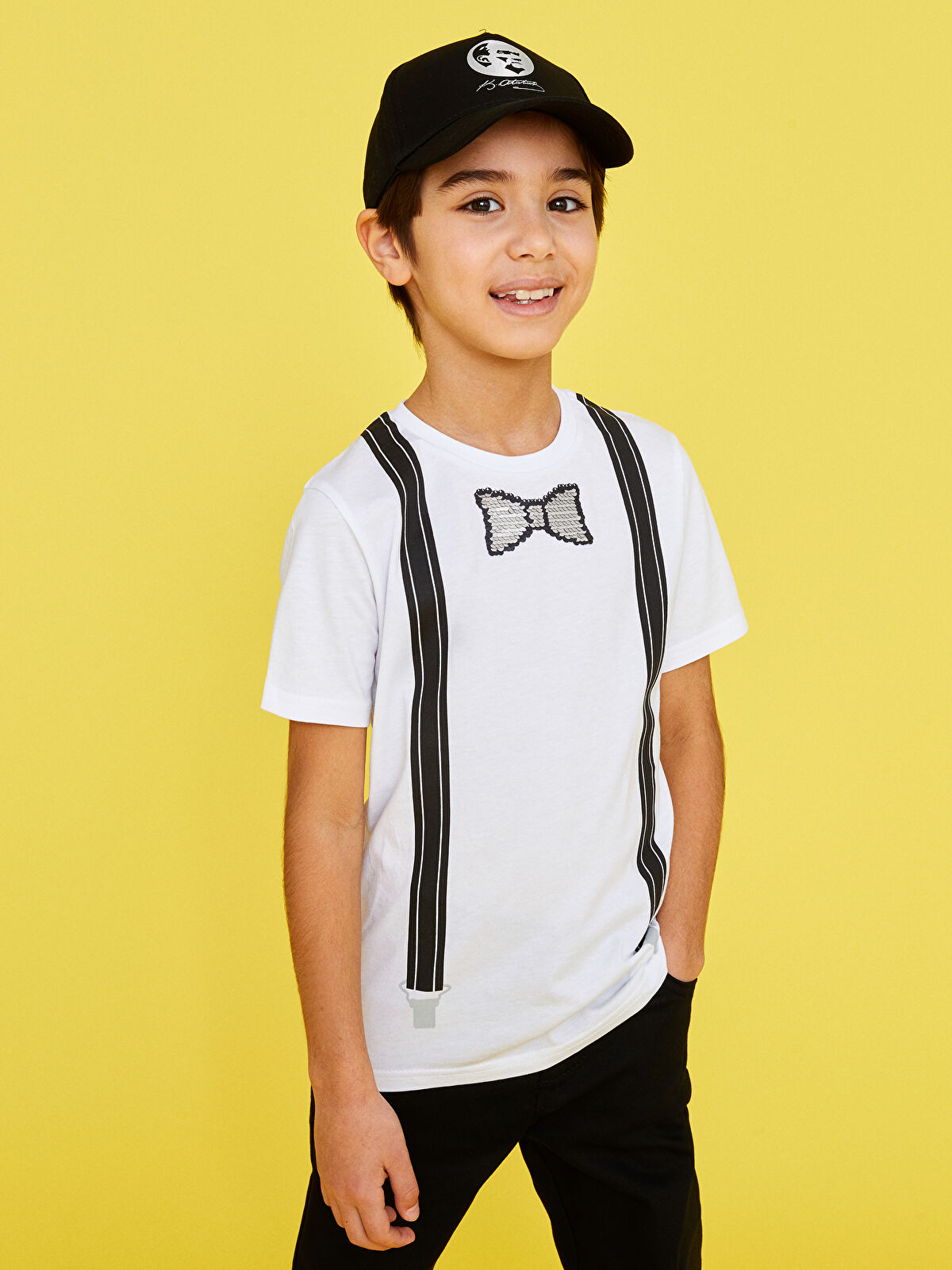 Bisiklet Yaka Baskılı Çift Yönlü Payetli Kısa Kollu Pamuklu Erkek Çocuk Tişört