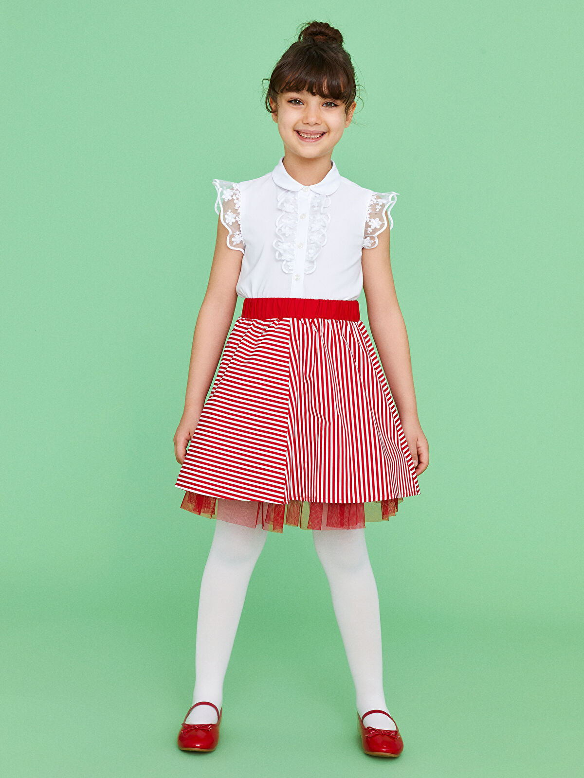 Beli Lastikli Çizgili Poplin Kız Çocuk Etek