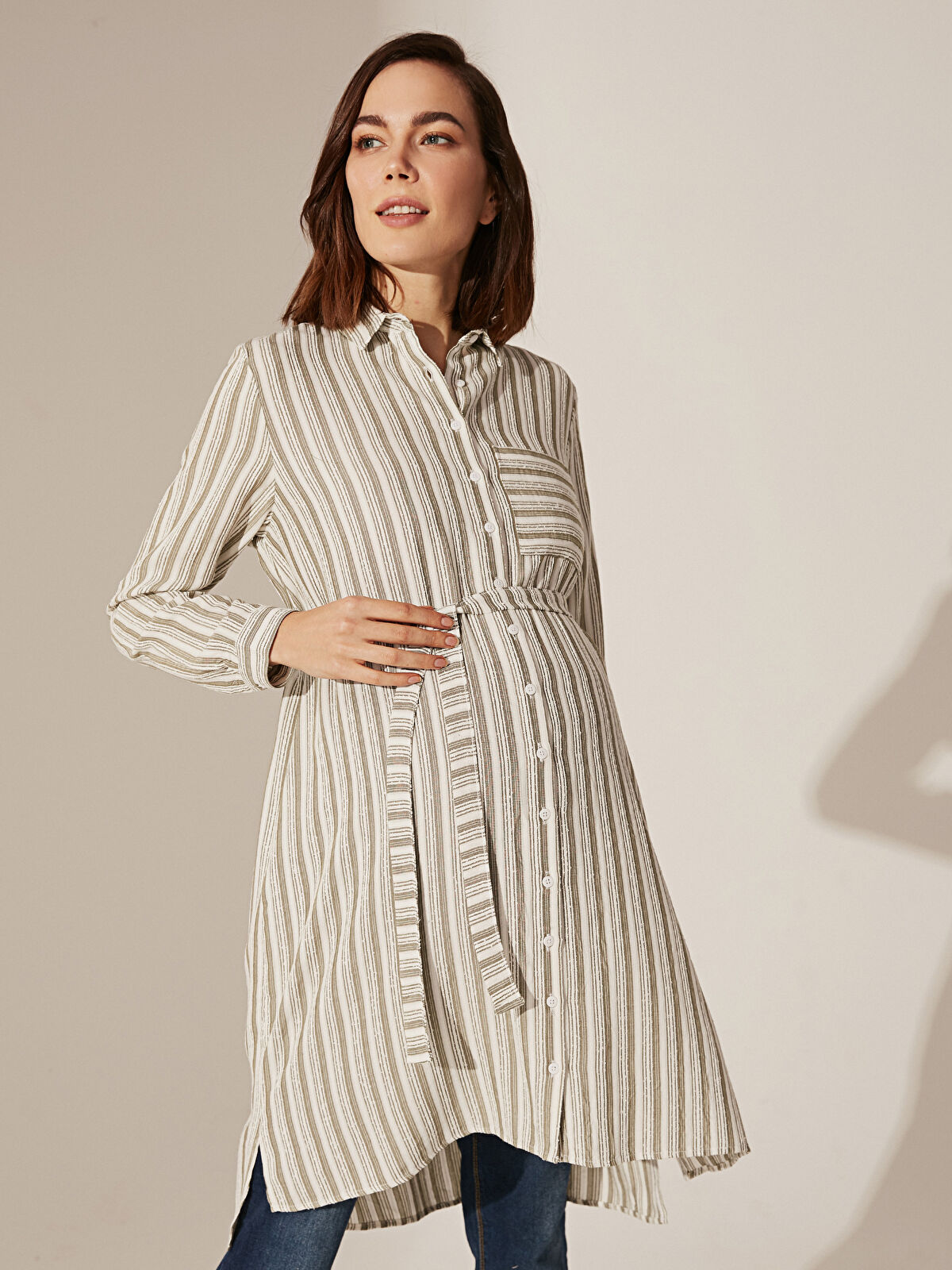 Hamile Çizgili Kuşaklı Viskon Tunik