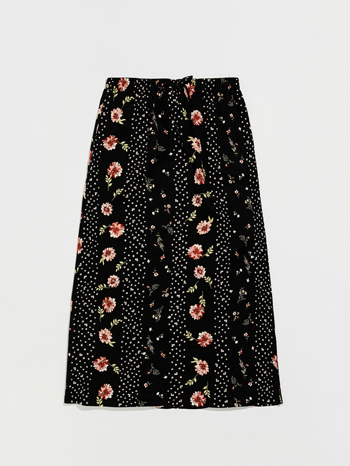 Beli Lastikli Desenli Uzun Viskon Etek