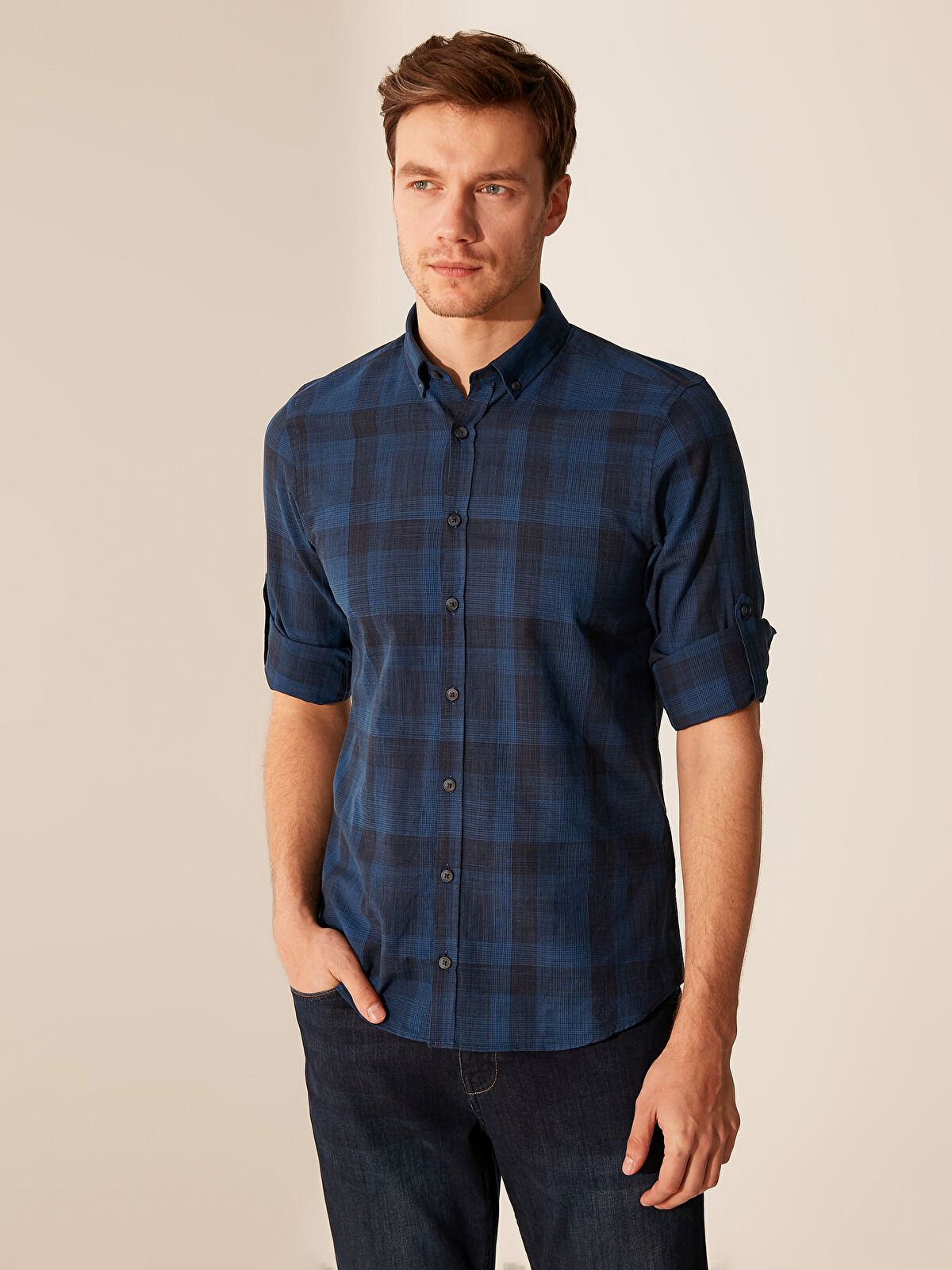 Slim Fit Uzun Kollu Ekose Poplin Erkek Gömlek