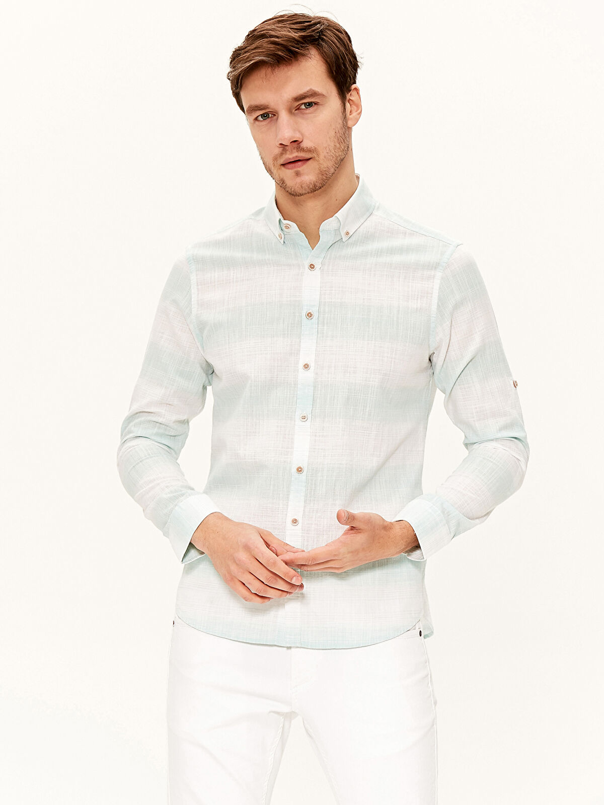 Slim Fit Çizgili Uzun Kollu Poplin Gömlek