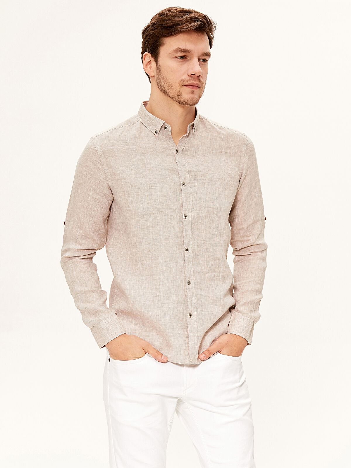 Slim Fit Uzun Kollu Keten Erkek Gömlek