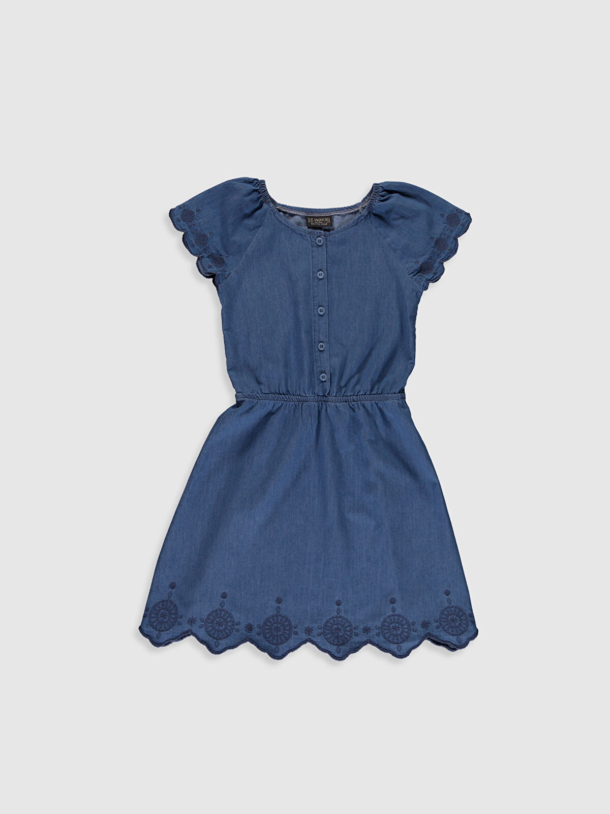 Bisiklet Yaka Nakış Detaylı Kısa Kollu Kız Çocuk Jean Elbise