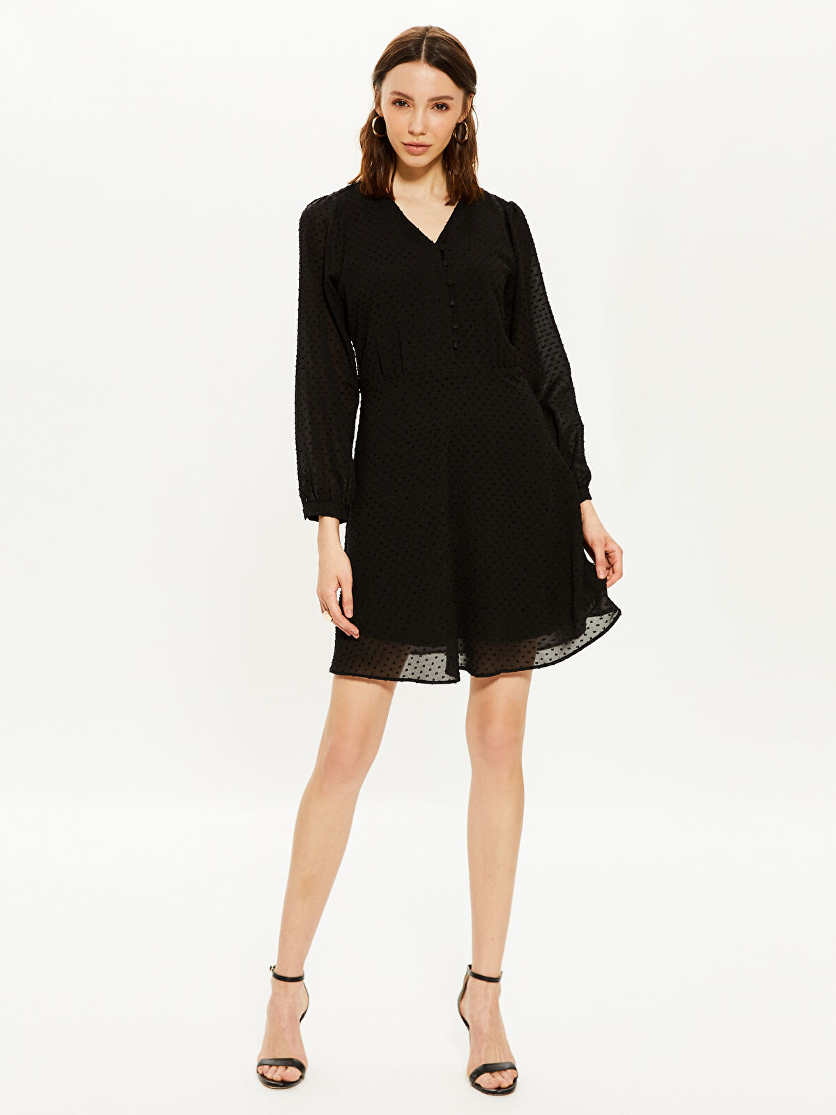 LCW VISION V Yaka Standart Fit Uzun Kollu Şifon Kadın Elbise