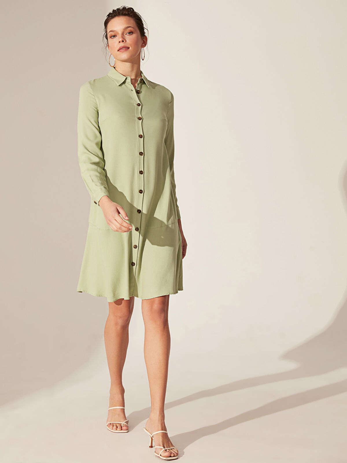 Viskon Kloş Uzun Kollu Kadın Gömlek Elbise