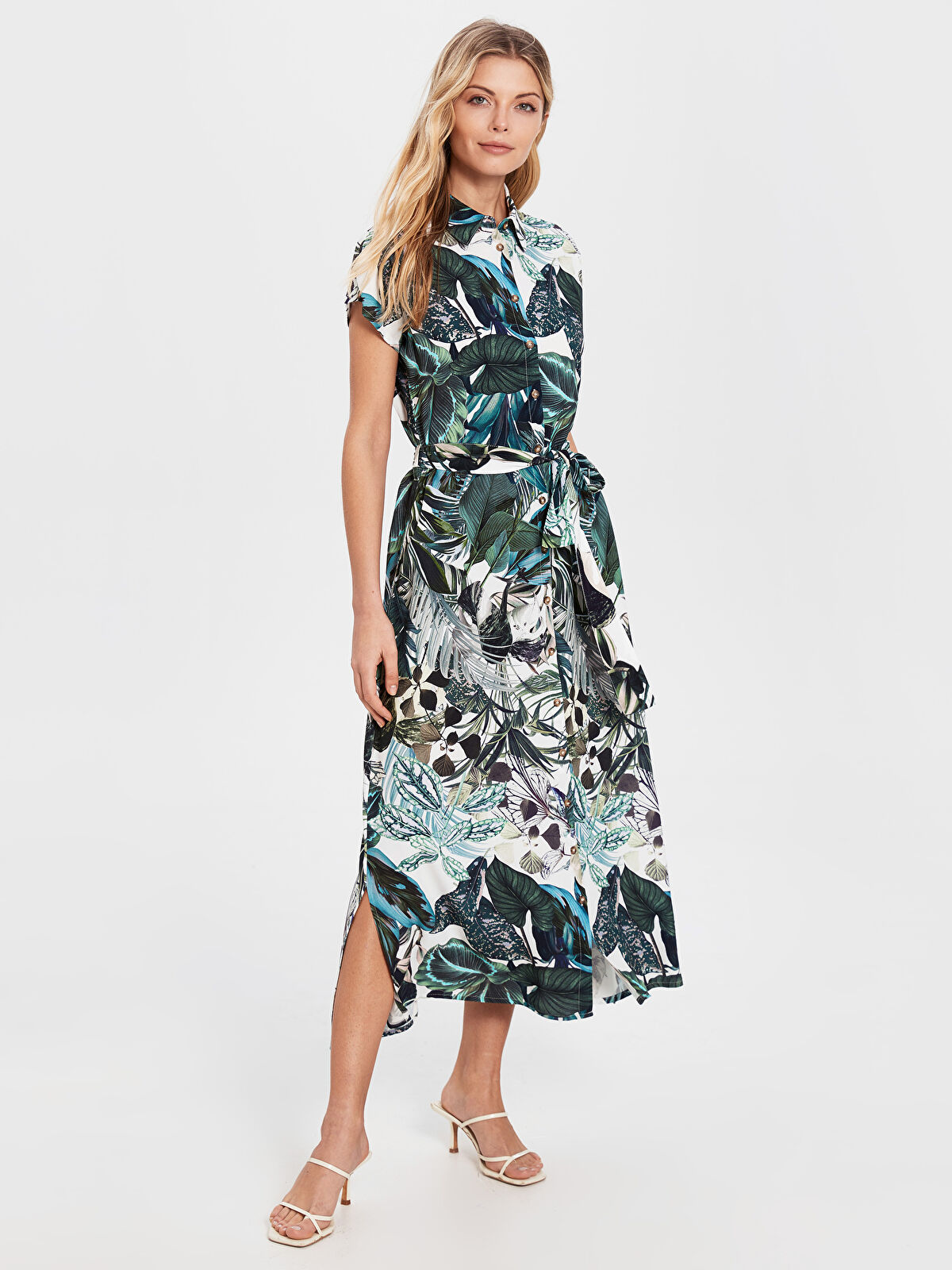 Kuşaklı Desenli Gömlek Elbise