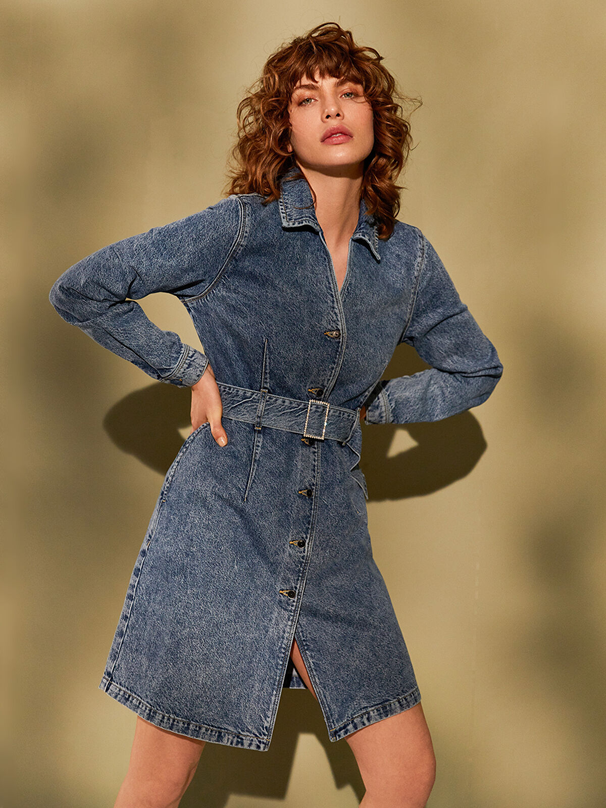 Kuşaklı Jean Kadın Gömlek Elbise