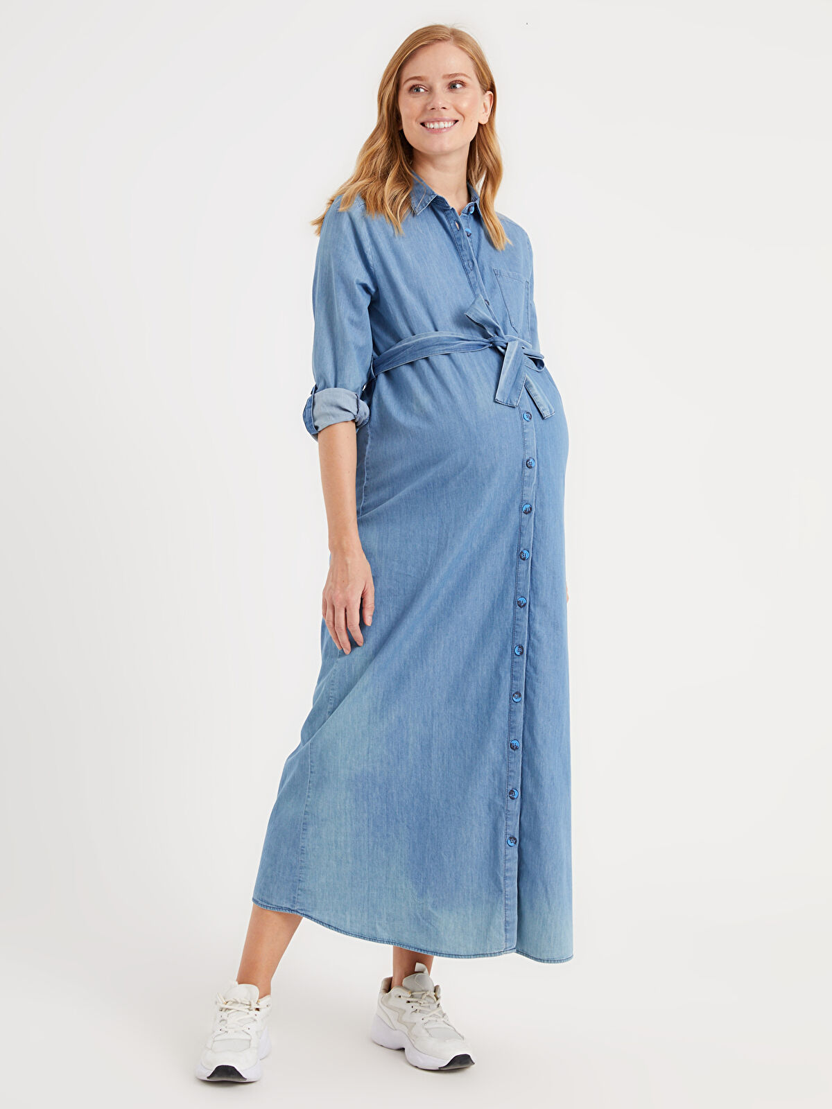 Kuşaklı Uzun Hamile Jean Elbise