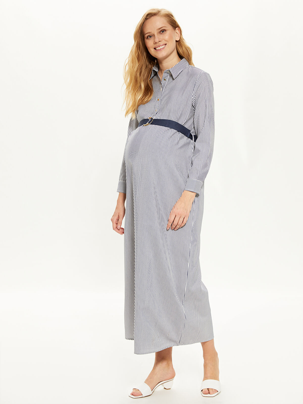 Kuşaklı Çizgili Hamile Elbise