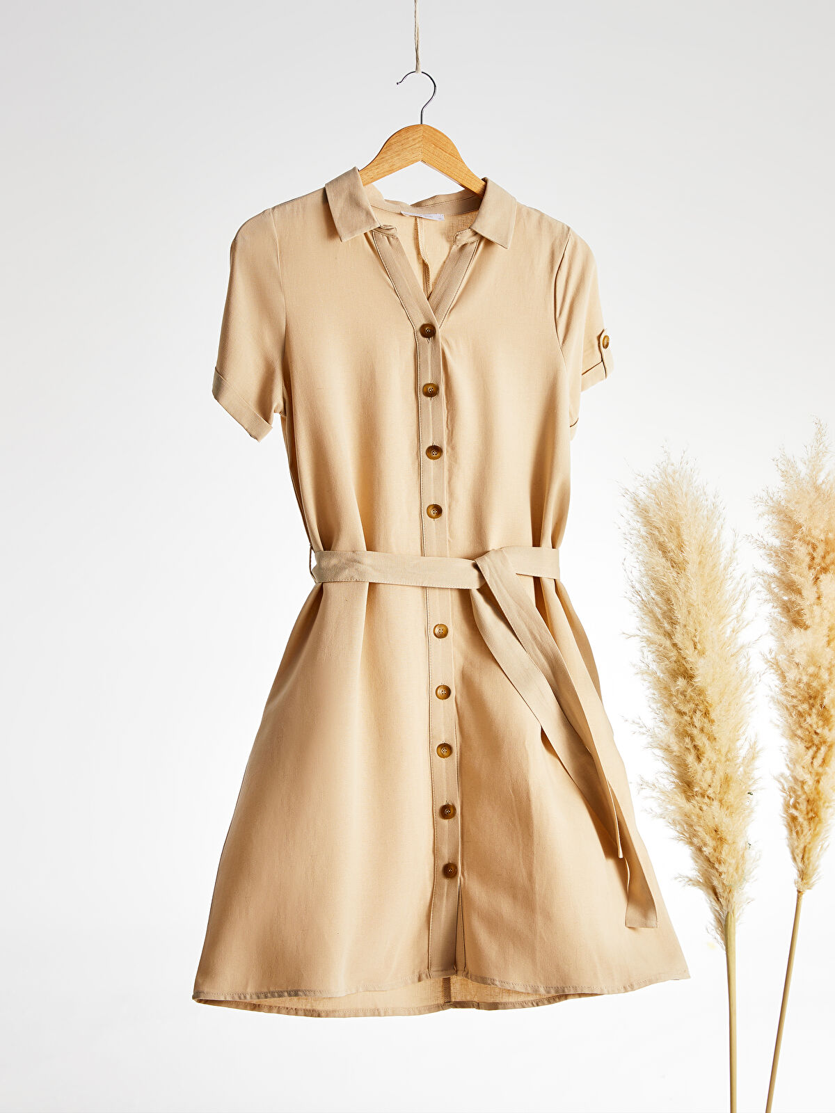 Kuşaklı Keten Gömlek Elbise