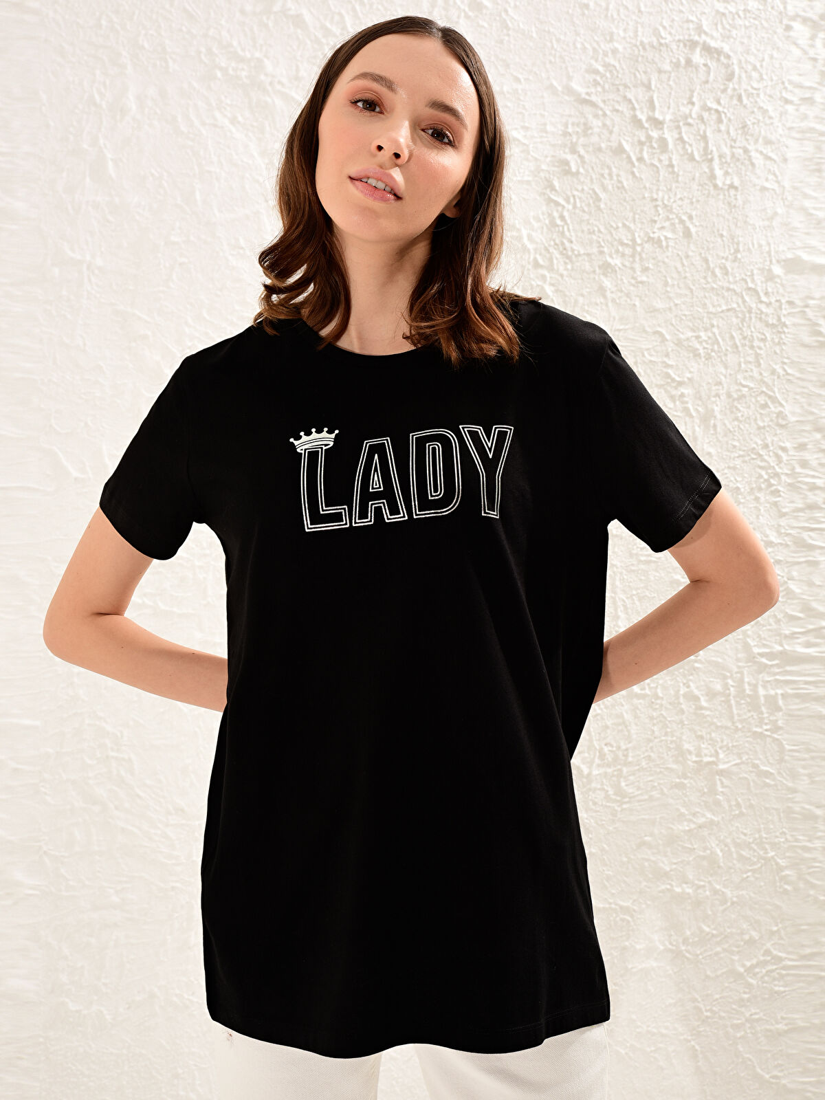 Işıltılı Yazı Baskılı Pamuklu Tişört  Aile Kombini