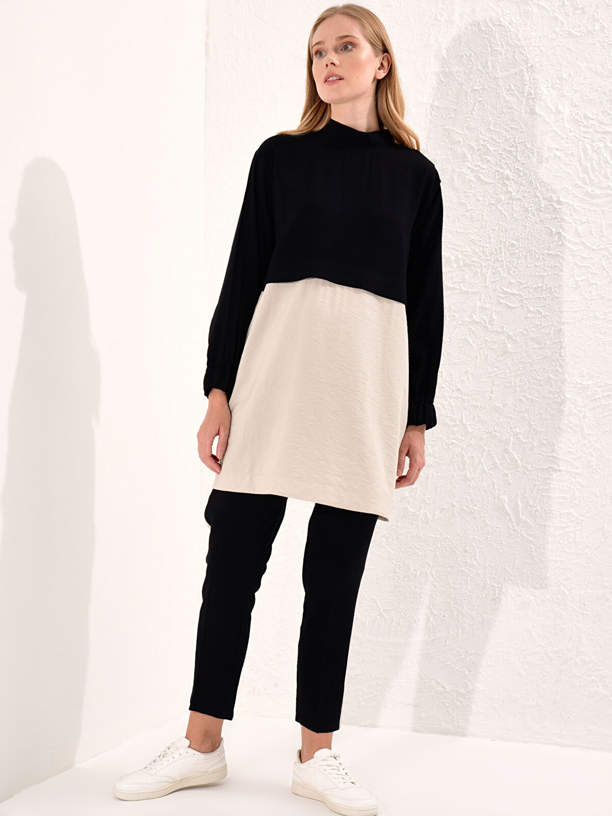 MODEST Uzun Kollu Oversize Gabardin Kadın Renk Bloklu Tunik