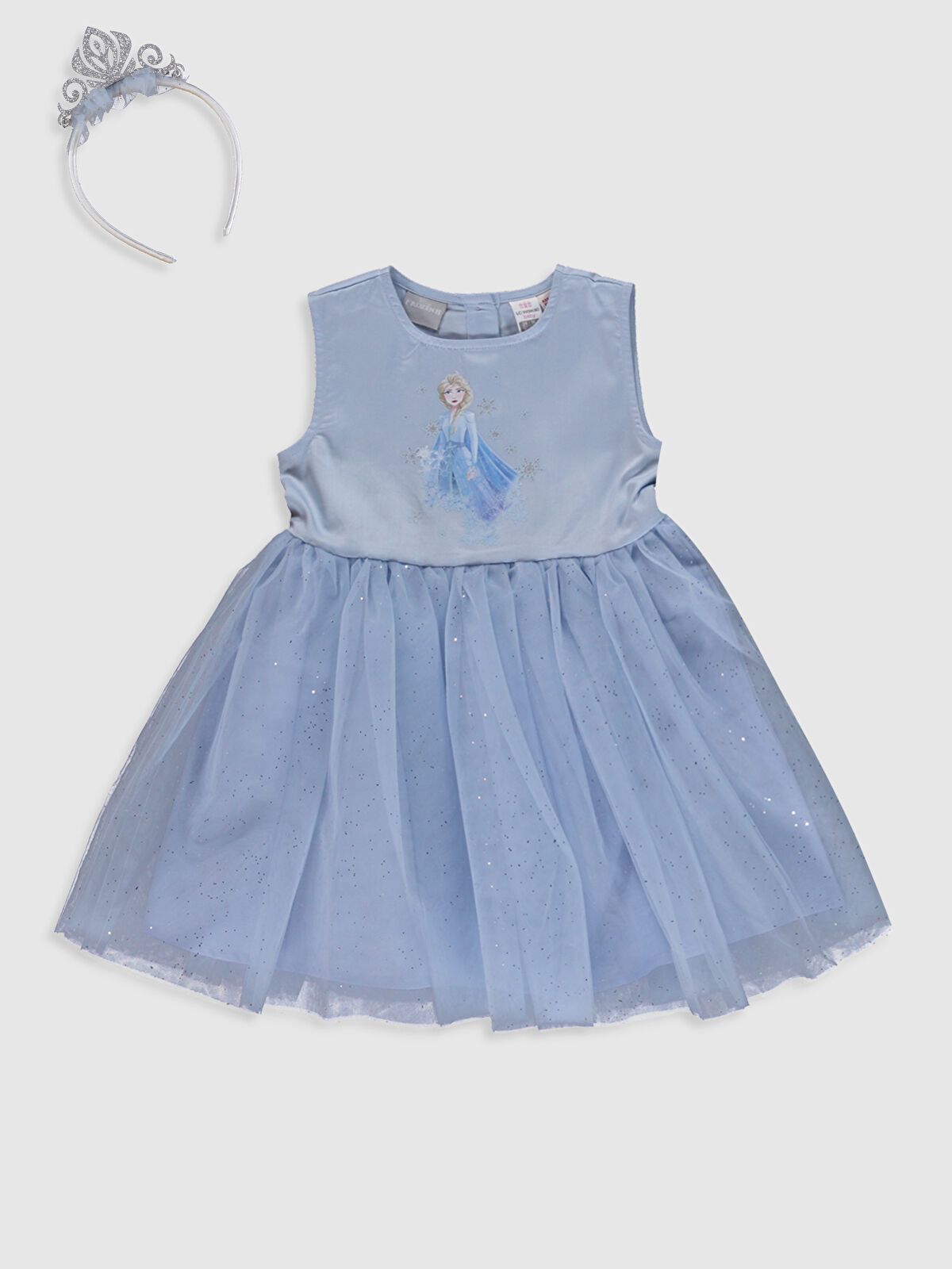 Bisiklet Yaka Elsa Baskılı Kız Bebek Elbise ve Taç