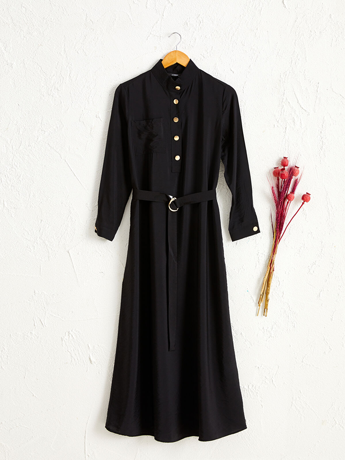 Belden Kuşaklı Viskon Gömlek Elbise