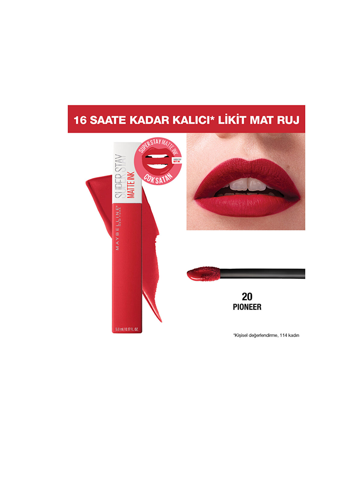 Maybelline New York Super Stay Matte Ink Likit Mat Ruj - 20 Pioneer - Kırmızı Maybelline New York Super Stay Matte Ink Likit Mat Ruj - 20 Pioneer - Kırmızı