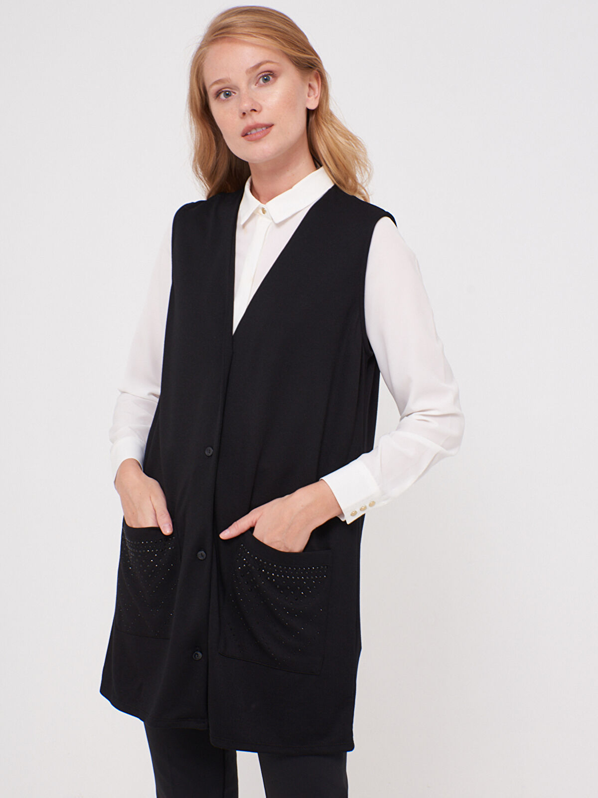 Cep Detaylı Uzun Yelek