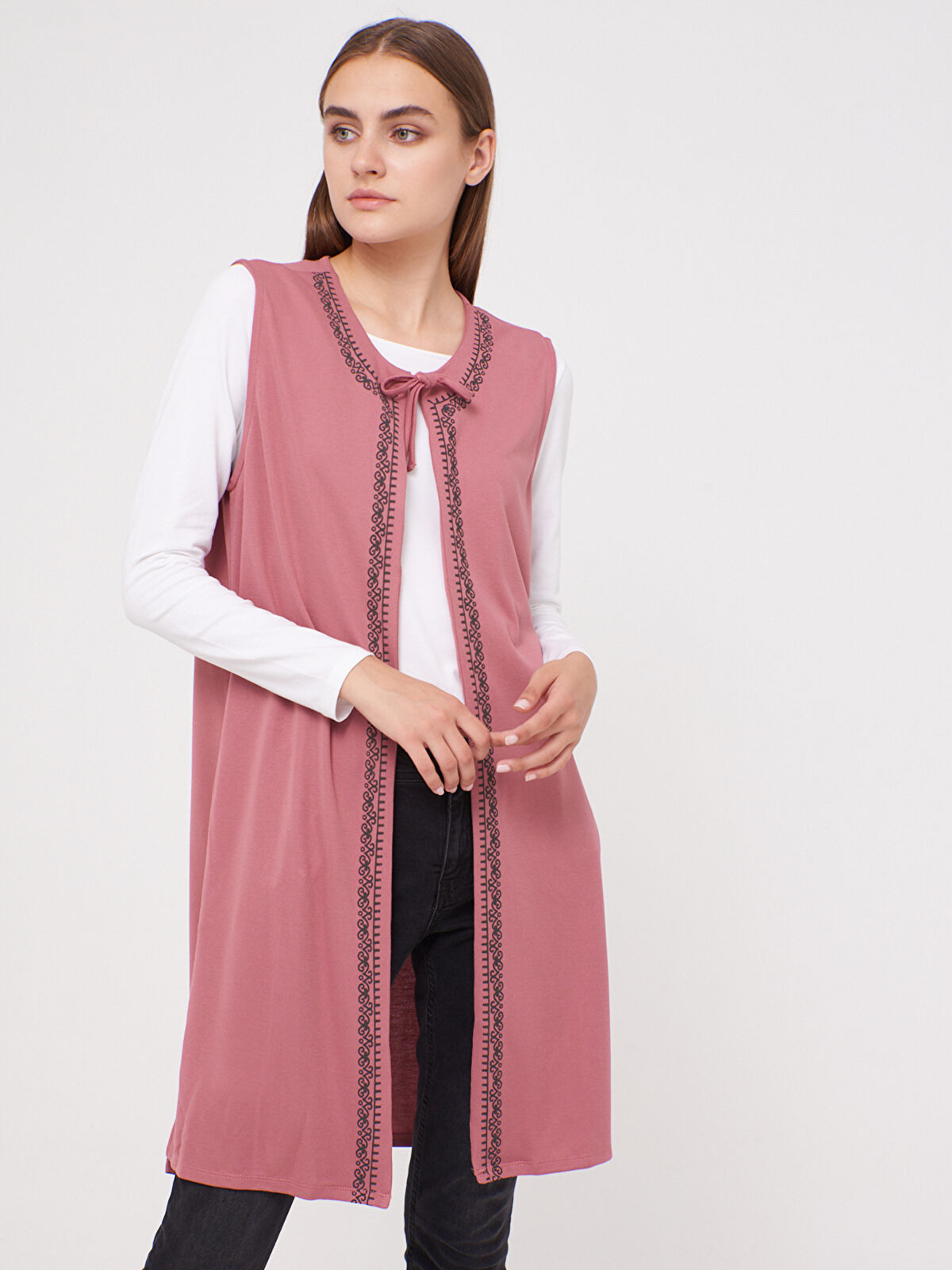 LCW GRACE Bisiklet Yaka Kadın İşlemeli Uzun Yelek