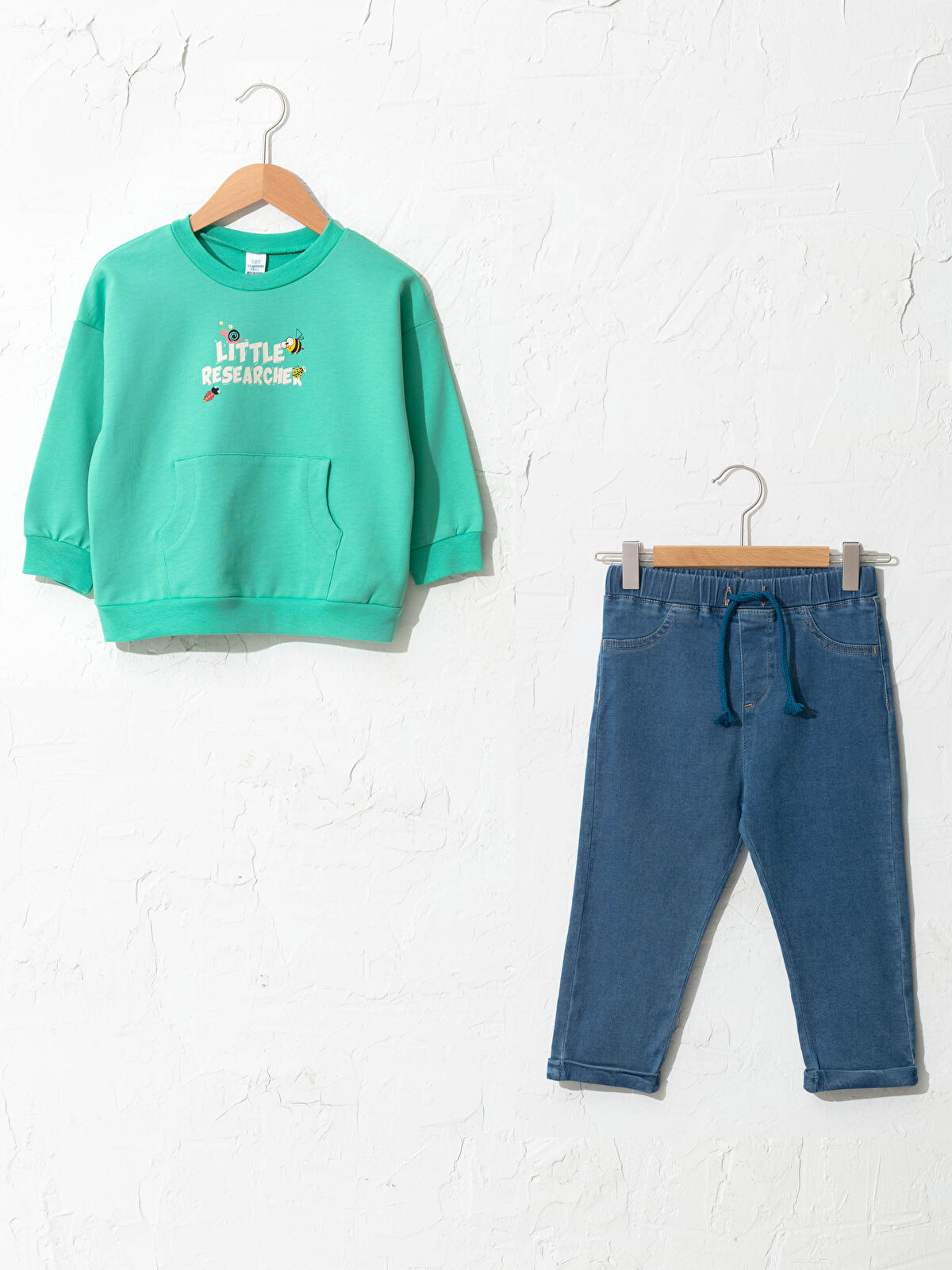 Bisiklet Yaka Uzun Kol Baskılı Erkek Bebek Sweatshirt ve Jean Pantolon 2'li