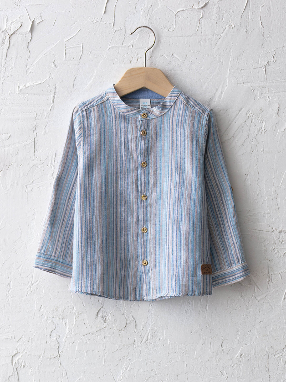Hakim Yaka Uzun Kollu Çizgili  Erkek Bebek Keten Gömlek