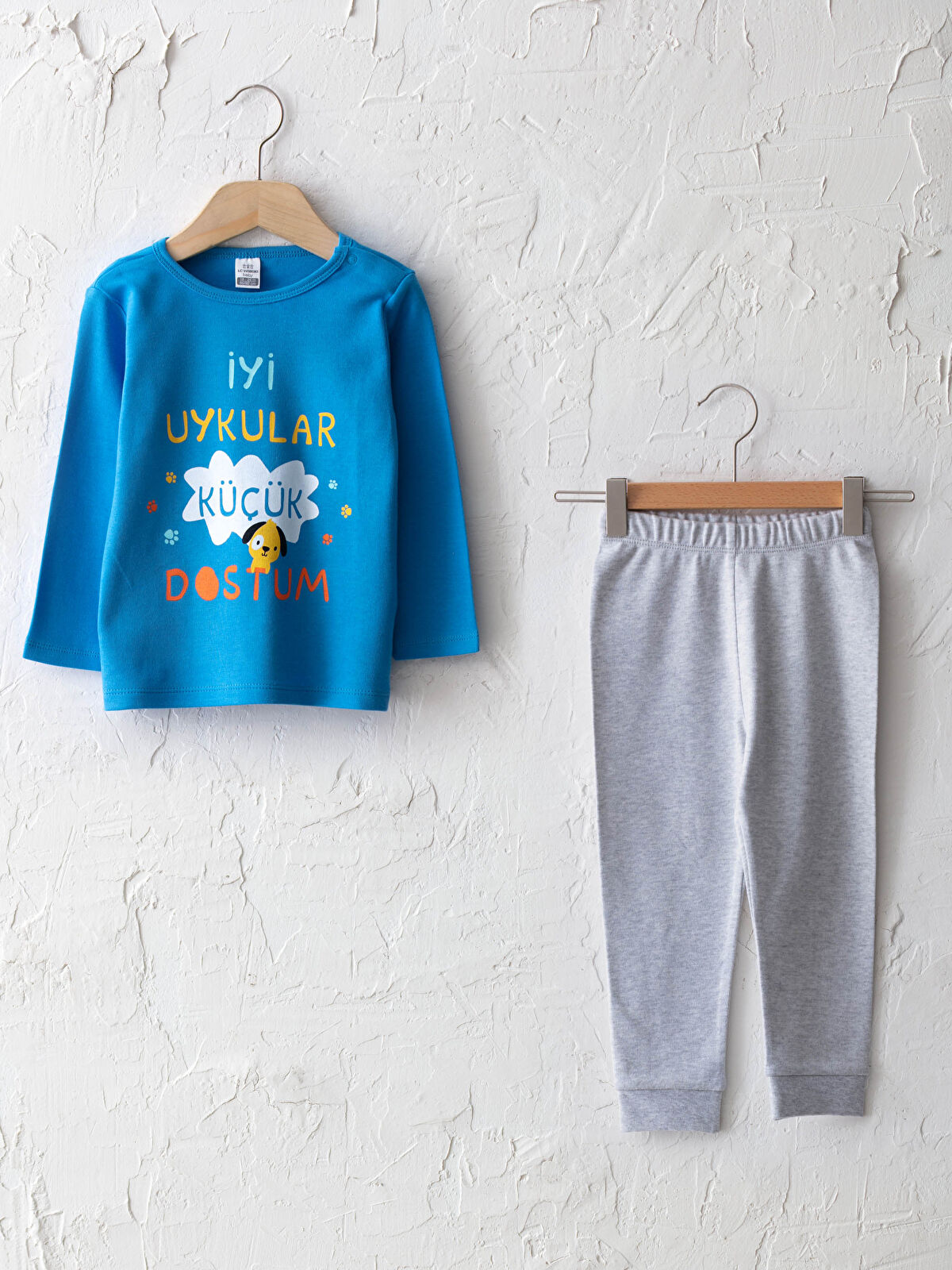 Yazı Baskılı Bisiklet Yaka Uzun Kol Pamuklu Erkek Bebek Pijama Takımı