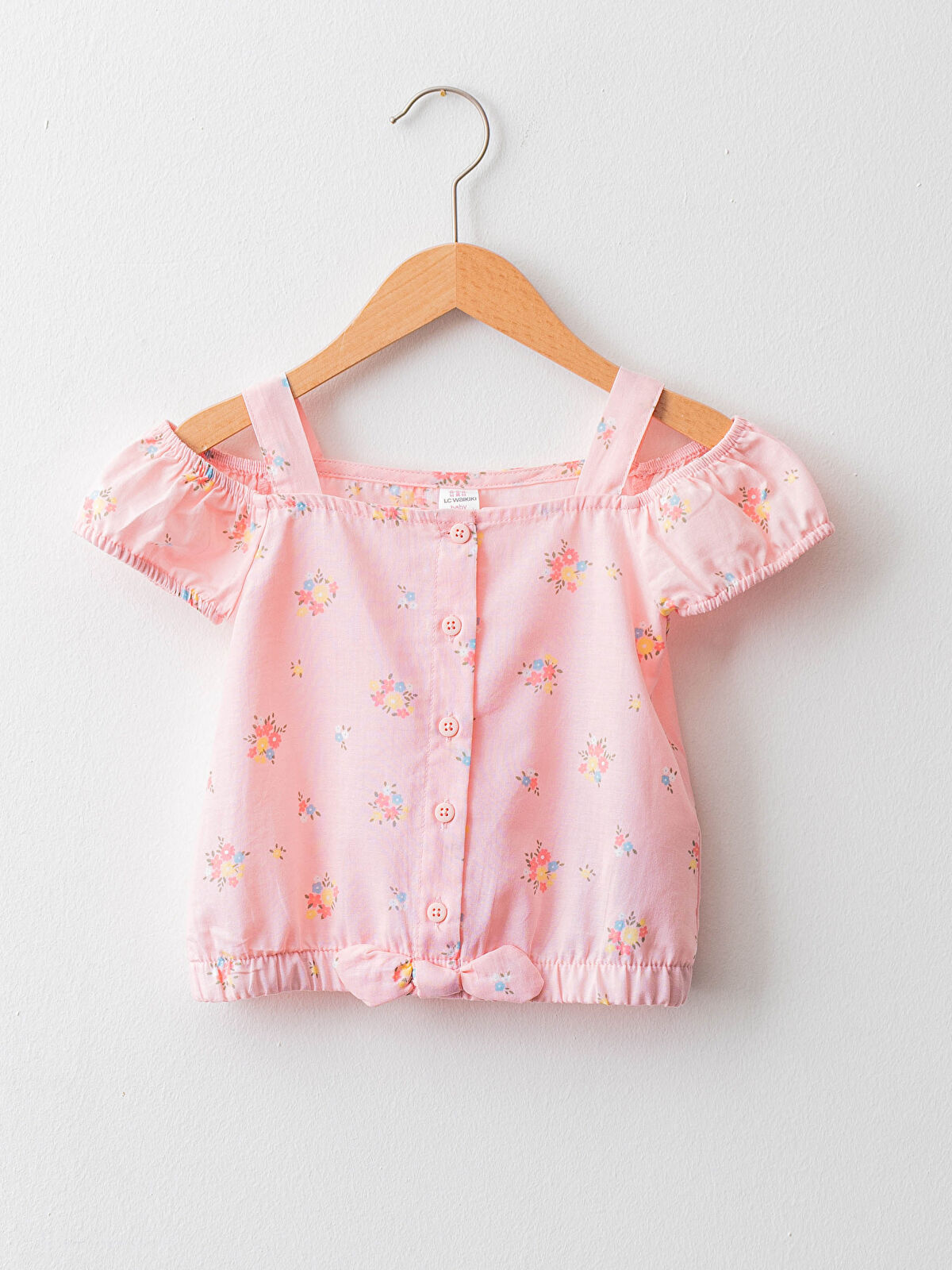 Kare Yaka Omuzları Açık Baskılı Pamuklu Kız Bebek Bluz