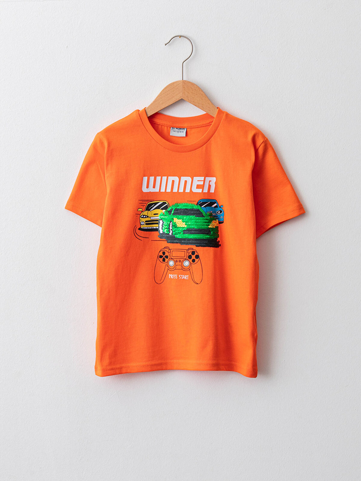 Bisiklet Yaka Baskılı Çift Yönlü Payetli Kısa Kollu Erkek Çocuk Tişört