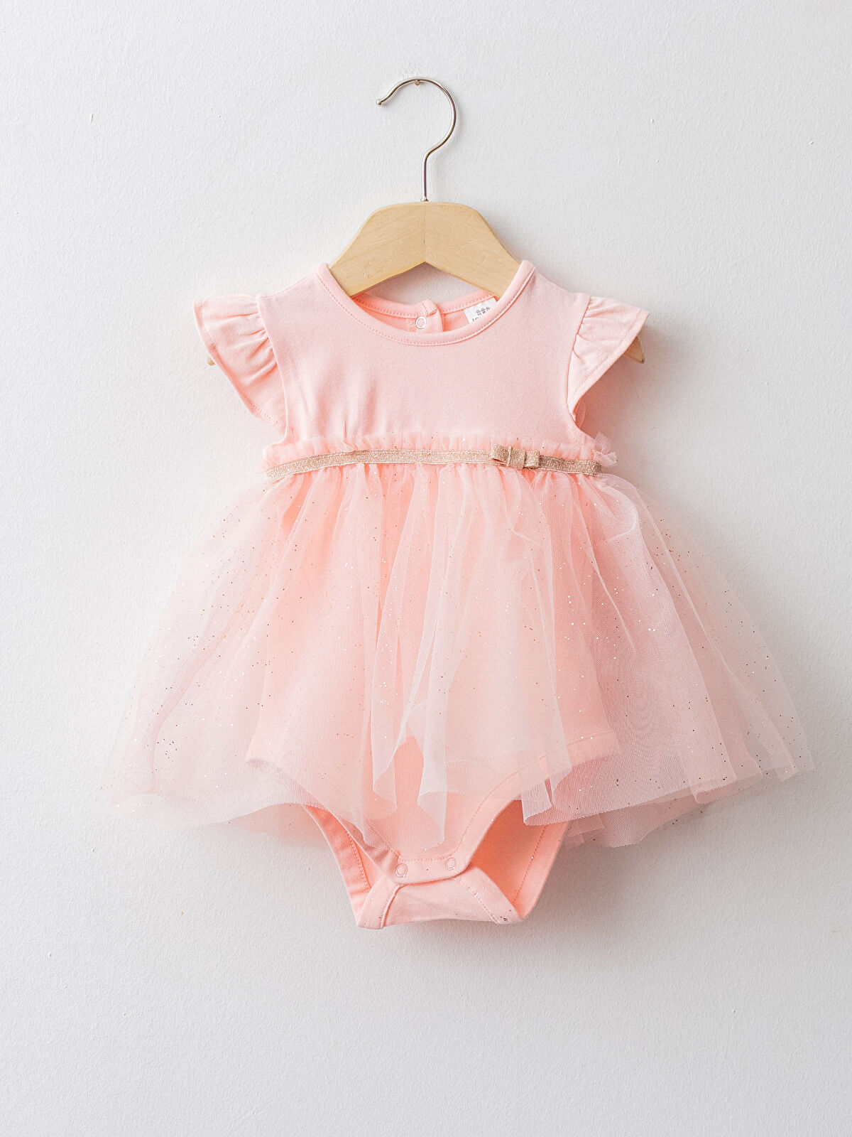 Bisiklet Yaka Kısa Kollu Tül Detaylı Kız Bebek Çıtçıtlı Body