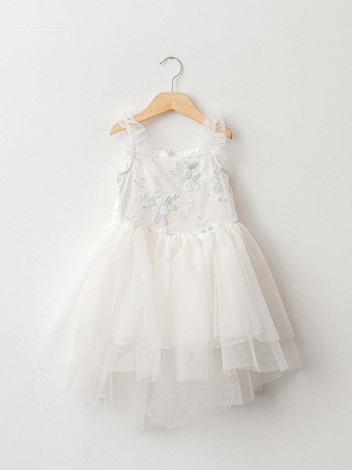 Kare Yaka Nakışlı Askılı Kız Çocuk Tütü Elbise